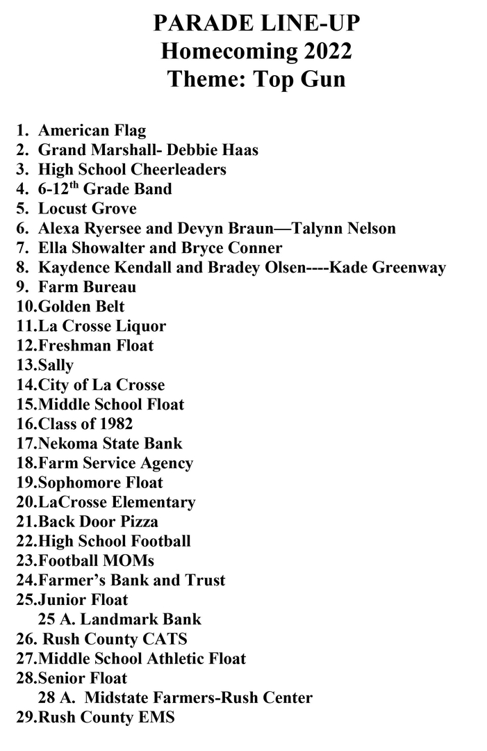 La Crosse USD 395 - 2022 HOMECOMING PARADE LINE UP